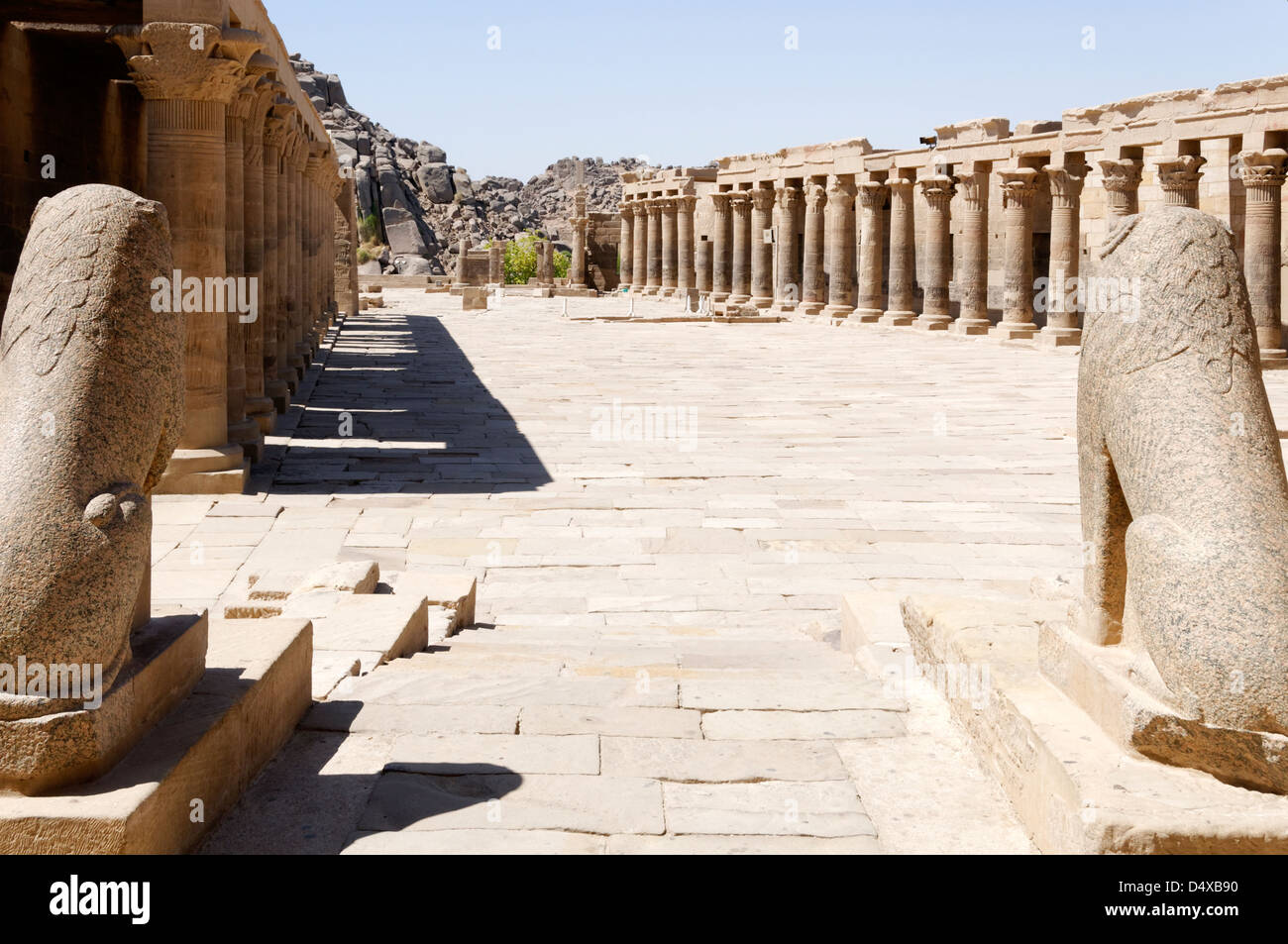 Egypt. Temple of Isis granite lions look over the long colonnaded outer ...
