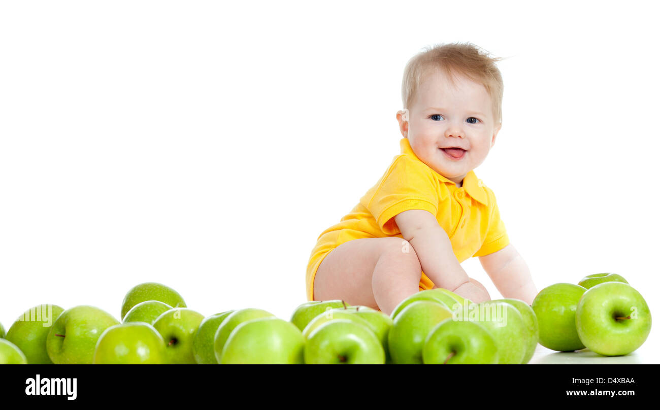 Adorable child with green apples Stock Photo - Alamy
