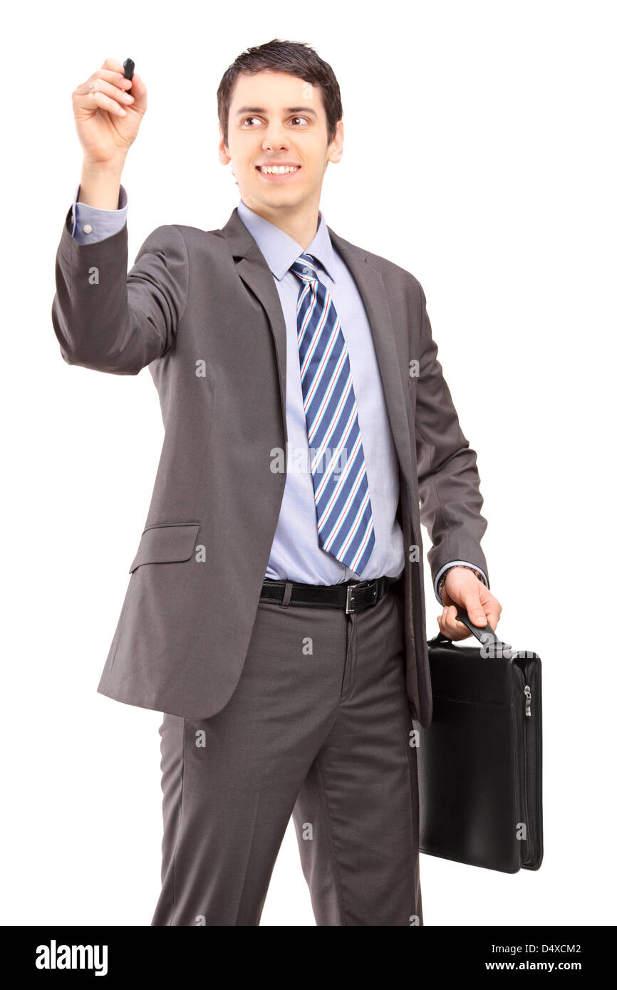 Professional man with a briefcase writing something imaginary isolated ...