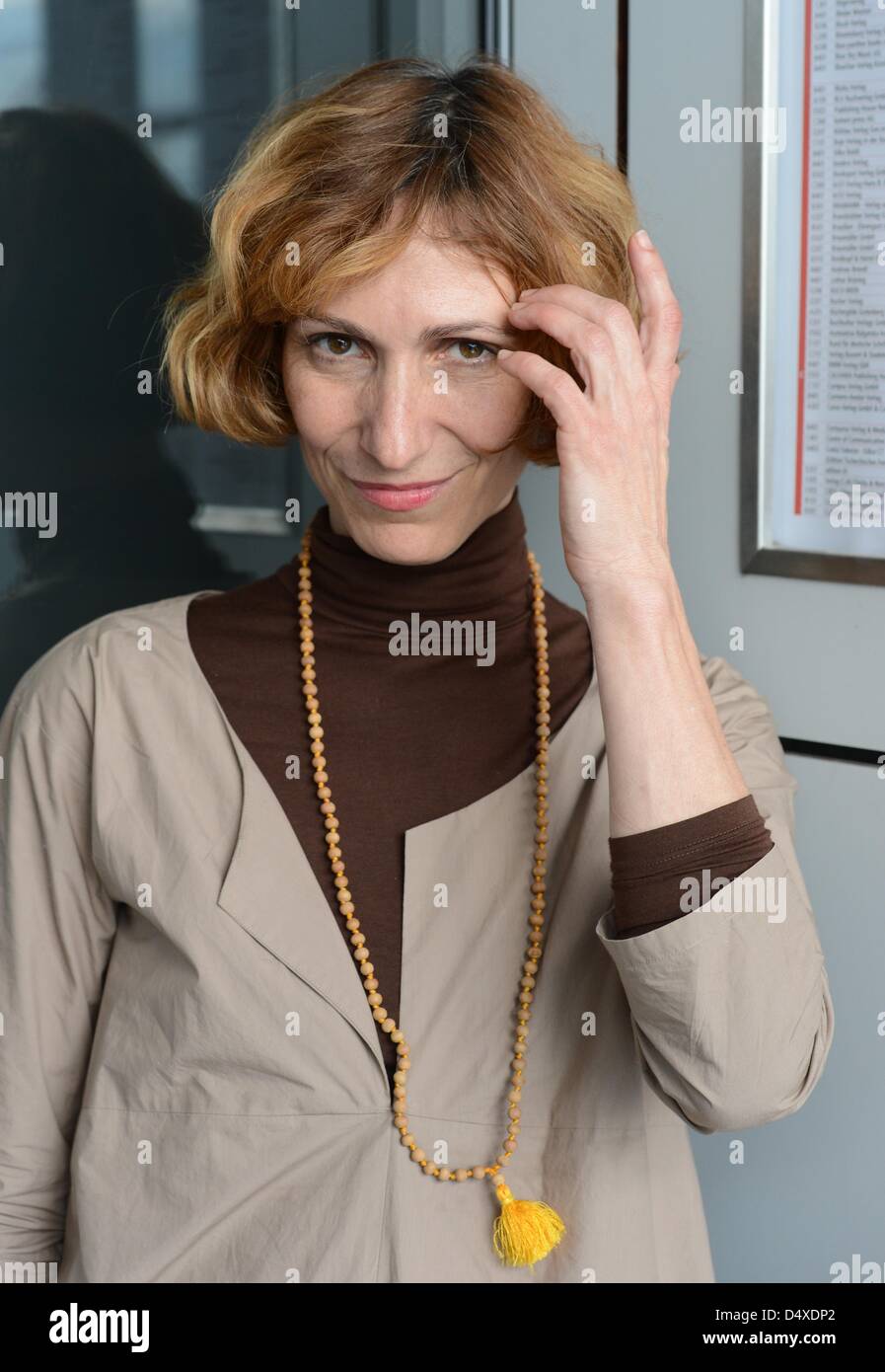 Israeli writer Nili Landesman poses at the book fair in Leipzig ...