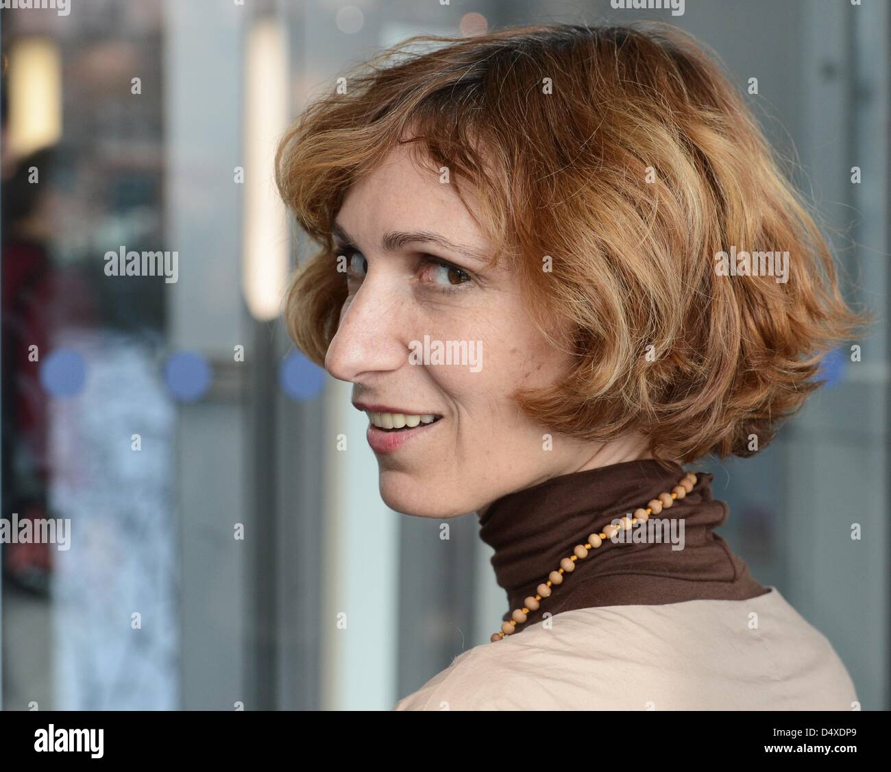 Israeli writer Nili Landesman poses at the book fair in Leipzig ...