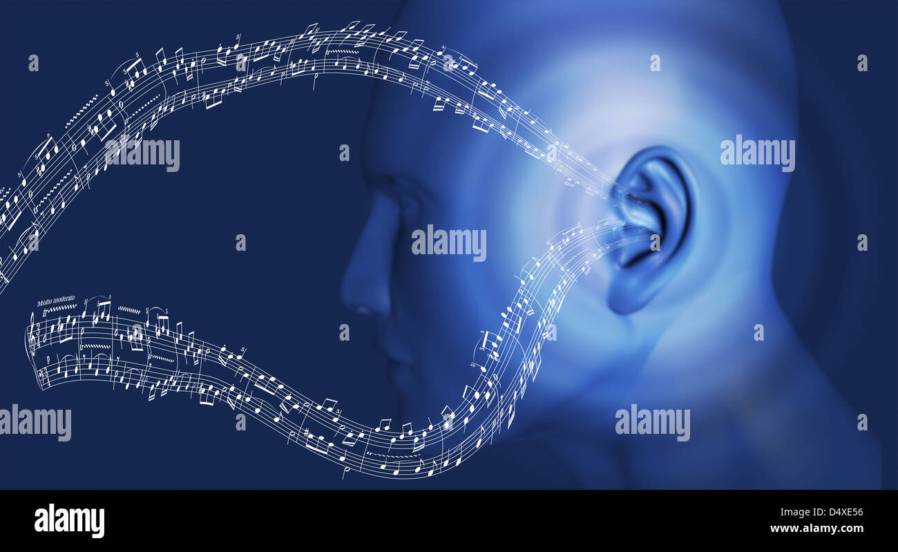 Illustration of music entering ear, listening to music Stock Photo - Alamy