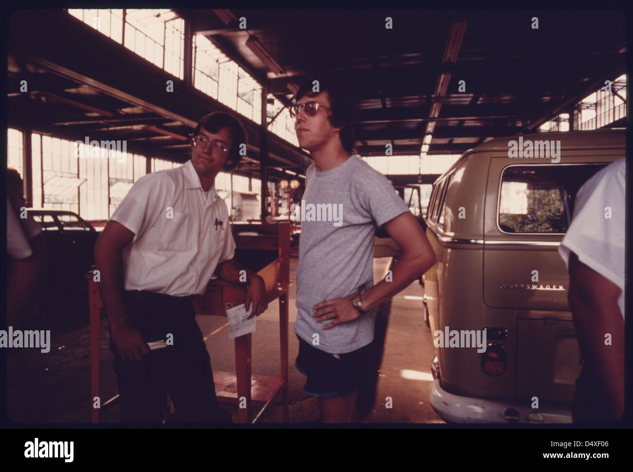 In August 1975, a van undergoes an emission test at a station in ...