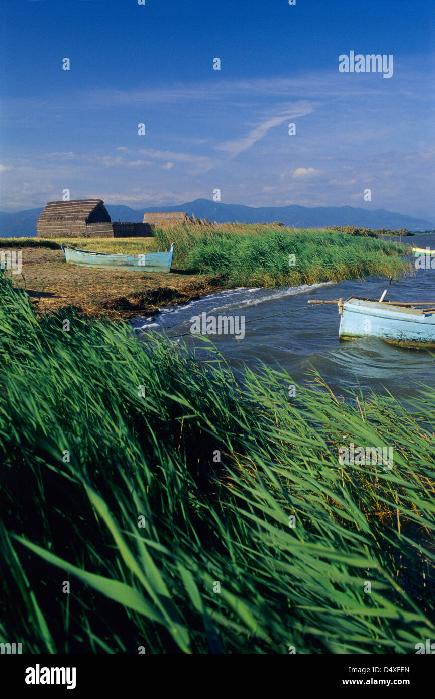 Traditional Catalan boat and fishermen huts, Etang de Canet, Eastern ...