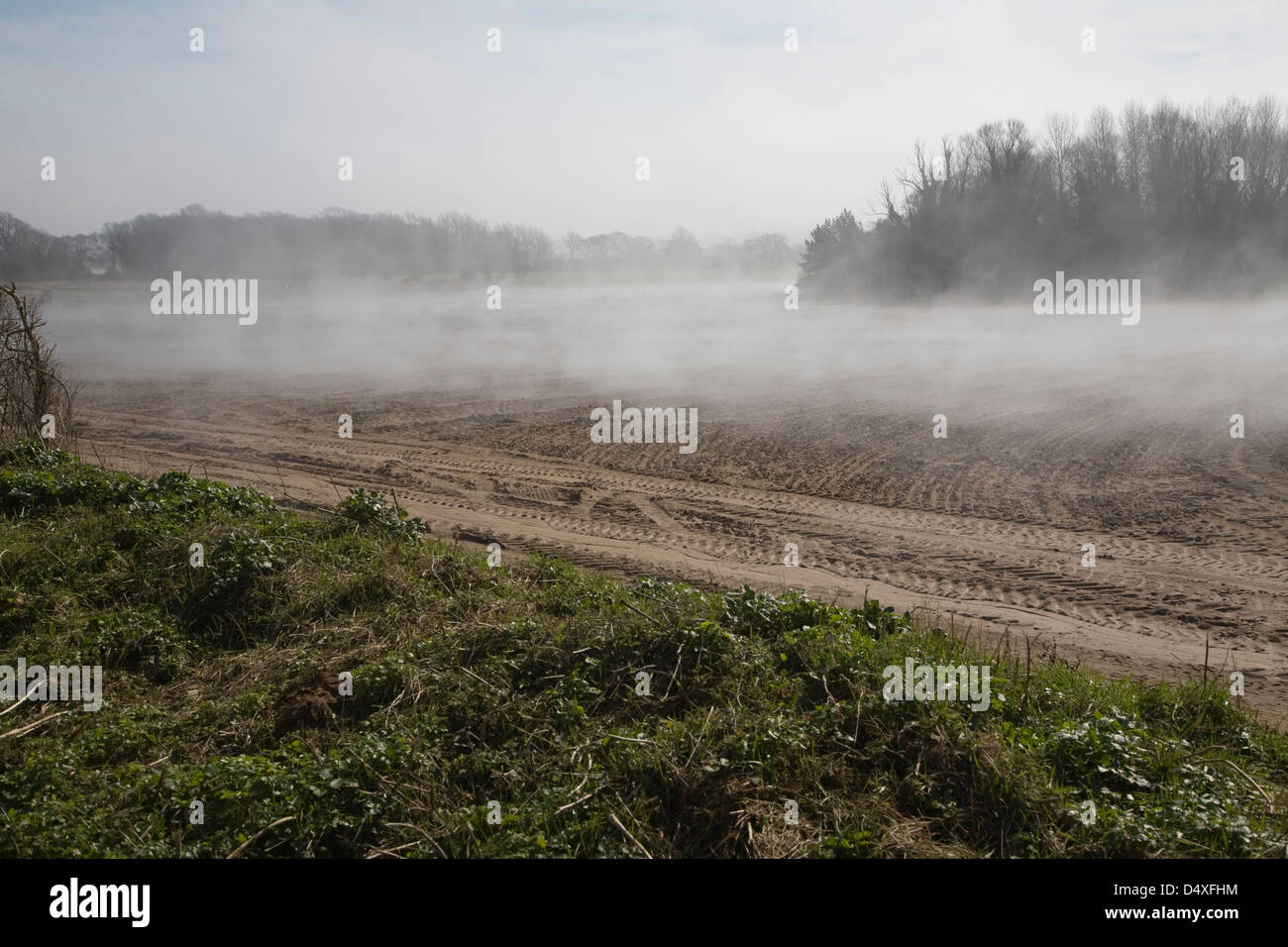 Morning fog clearing from wet fields, Alderton, Suffolk, England Stock ...