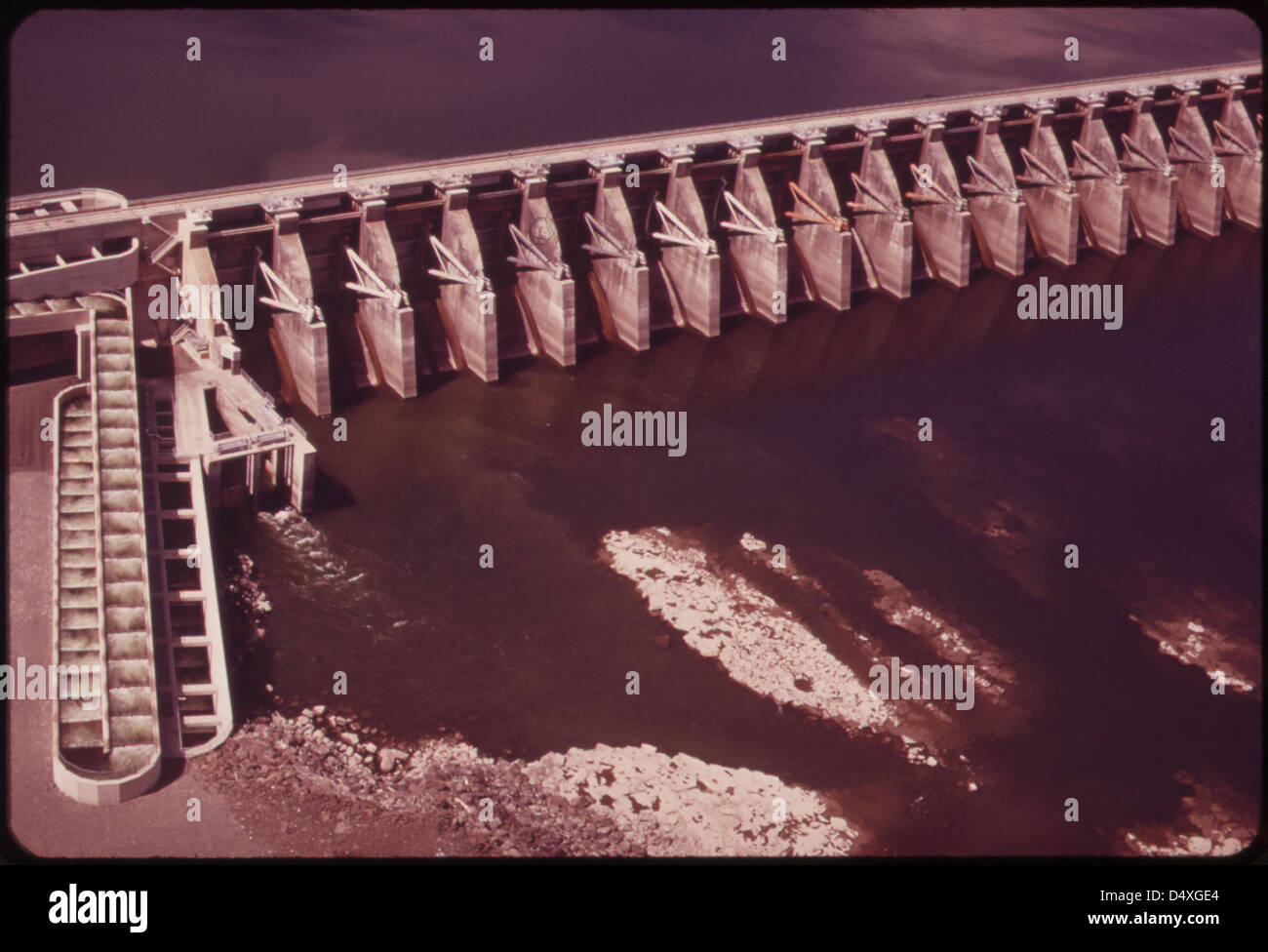 The spillway at Priest Rapids Dam photographed in June 1973 as part of ...