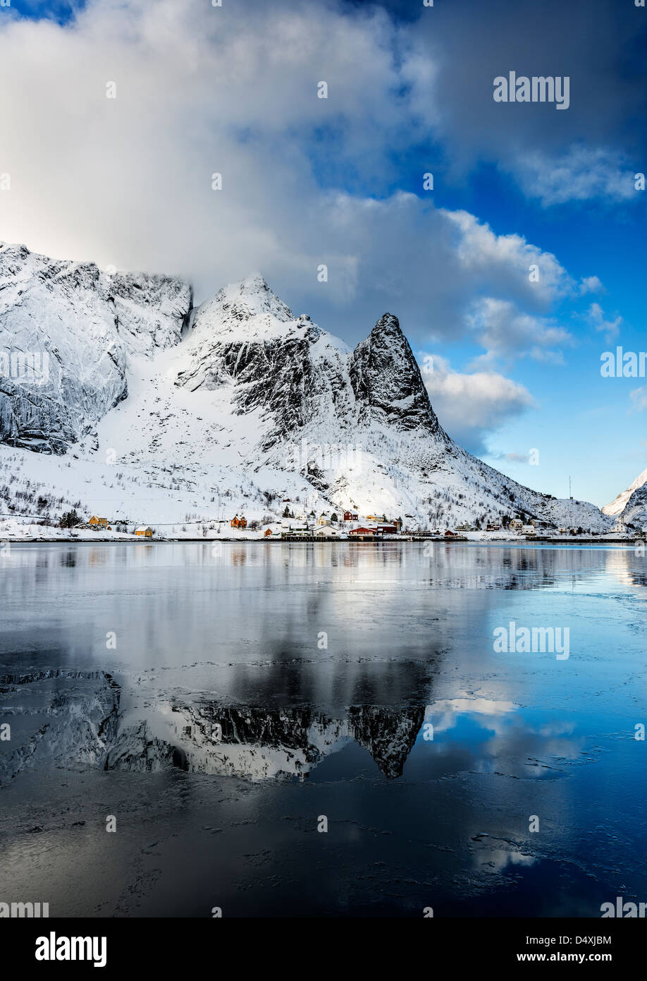 A view looking north up Reine harbour towards Navaren on the Lofoten ...