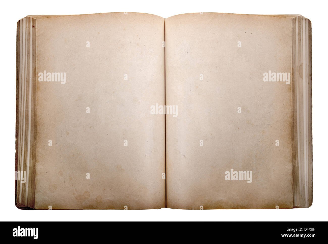 old book with blank yellow stained pages isolated over white background ...