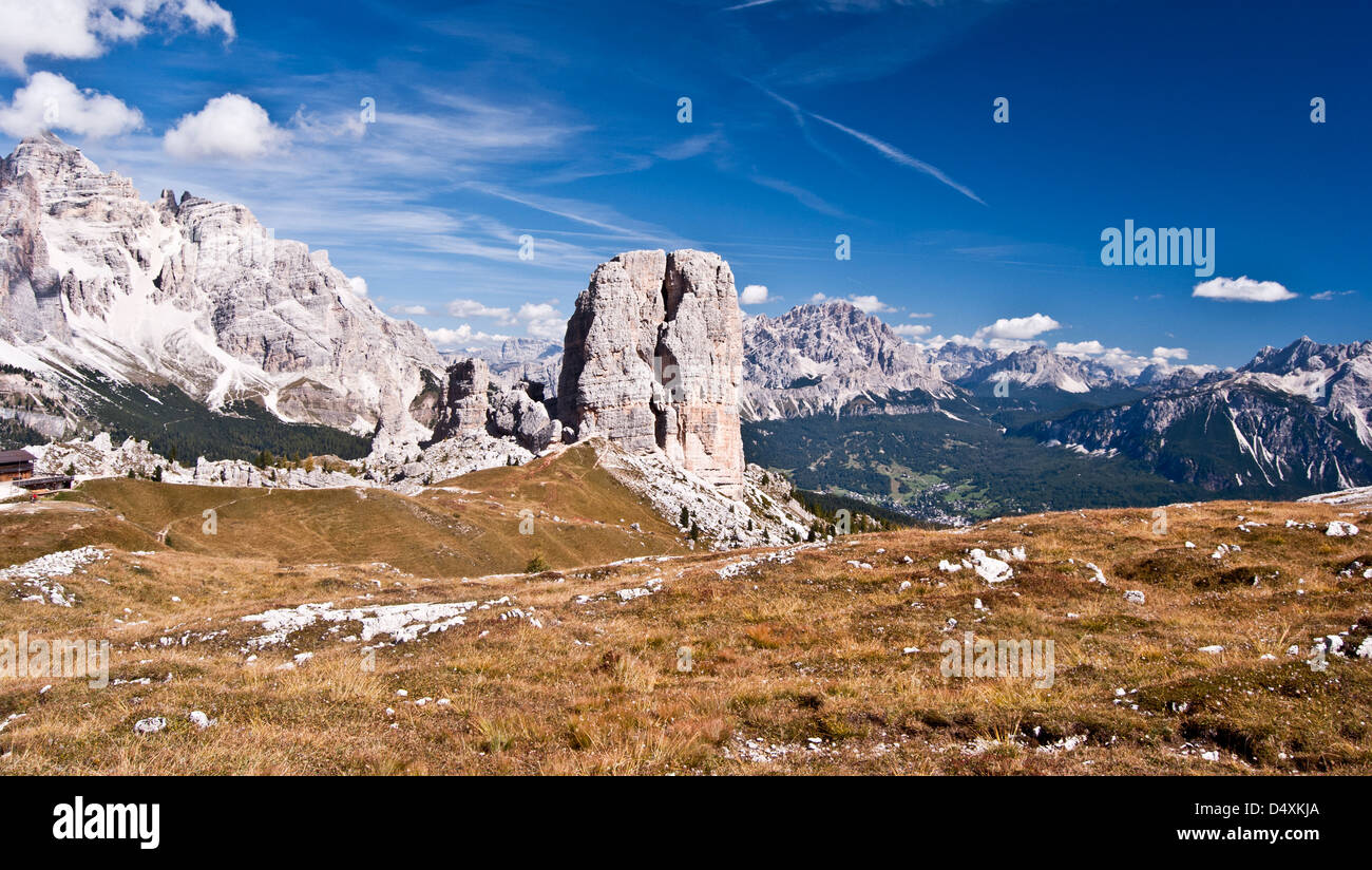 Cinque Torri rocks formation surrounding by more Dolomitian peaks with ...