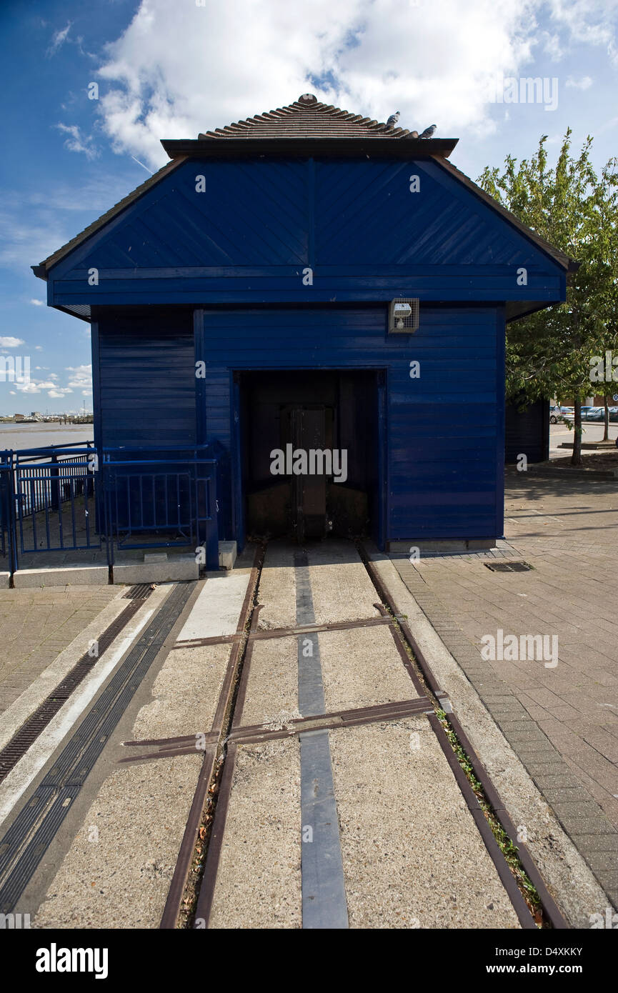 Flood barrier housing on the River Thames at Erith, Kent, UK Stock ...