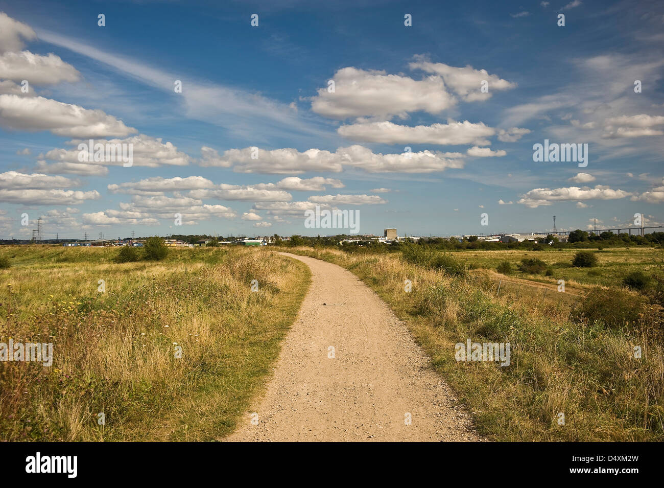 River Thames footpath alongside Dartford Marshes near Erith, Kent, UK ...