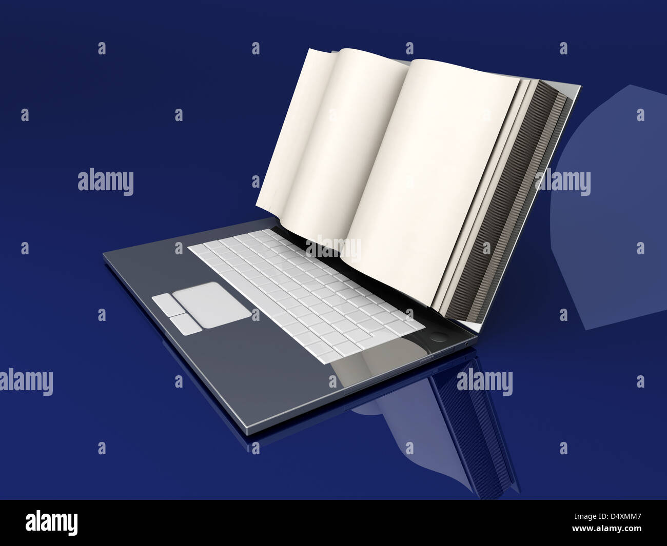 A digital book on a laptop screen. Symbolic 3D rendered Illustration ...