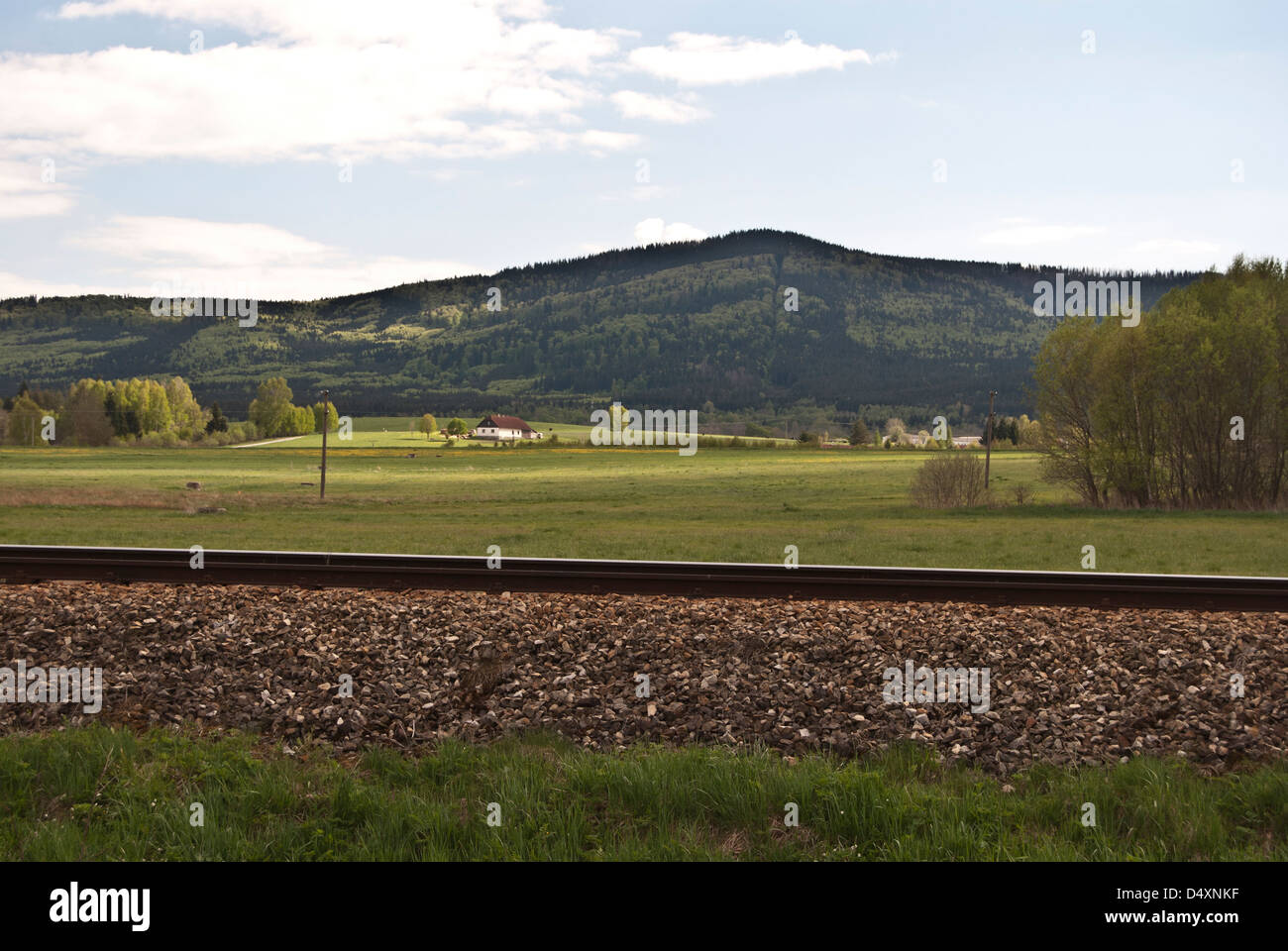 railway track, meadow with few trees and Smrcina hill in Sumava ...