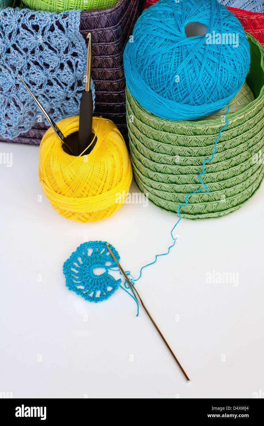Colorful yarn for crochet in colorful baskets Stock Photo - Alamy