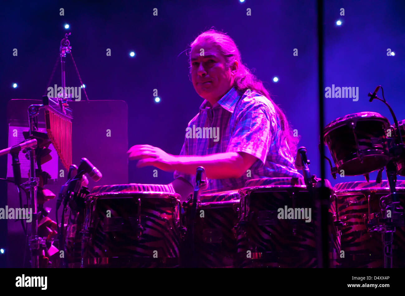 Carlos Santana's band: Raul Rekow. Carlos Santana concert Crocus City ...