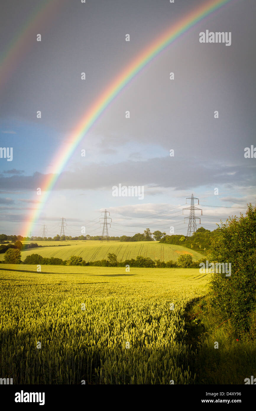 Double rainbow over field crop fields with electric power pylons in ...