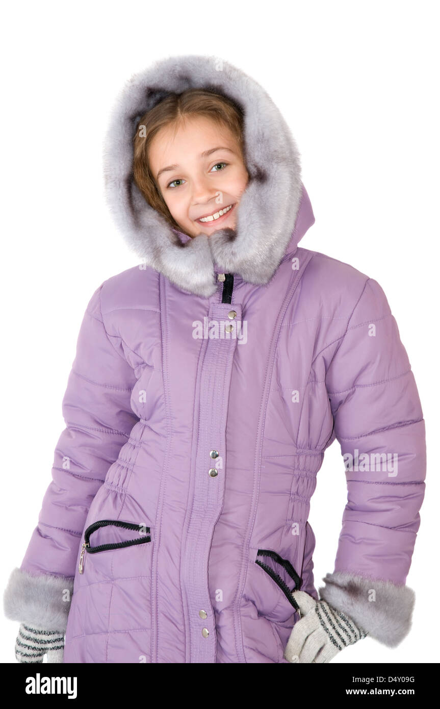 Girl in a winter violet jacket with a hood Stock Photo - Alamy