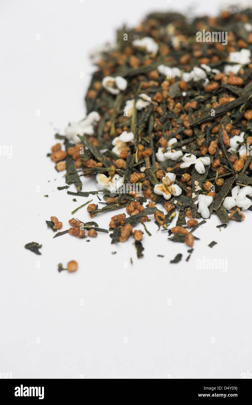 Japanese Genmaicha green tea. Brown rice tea / Popcorn tea on white ...