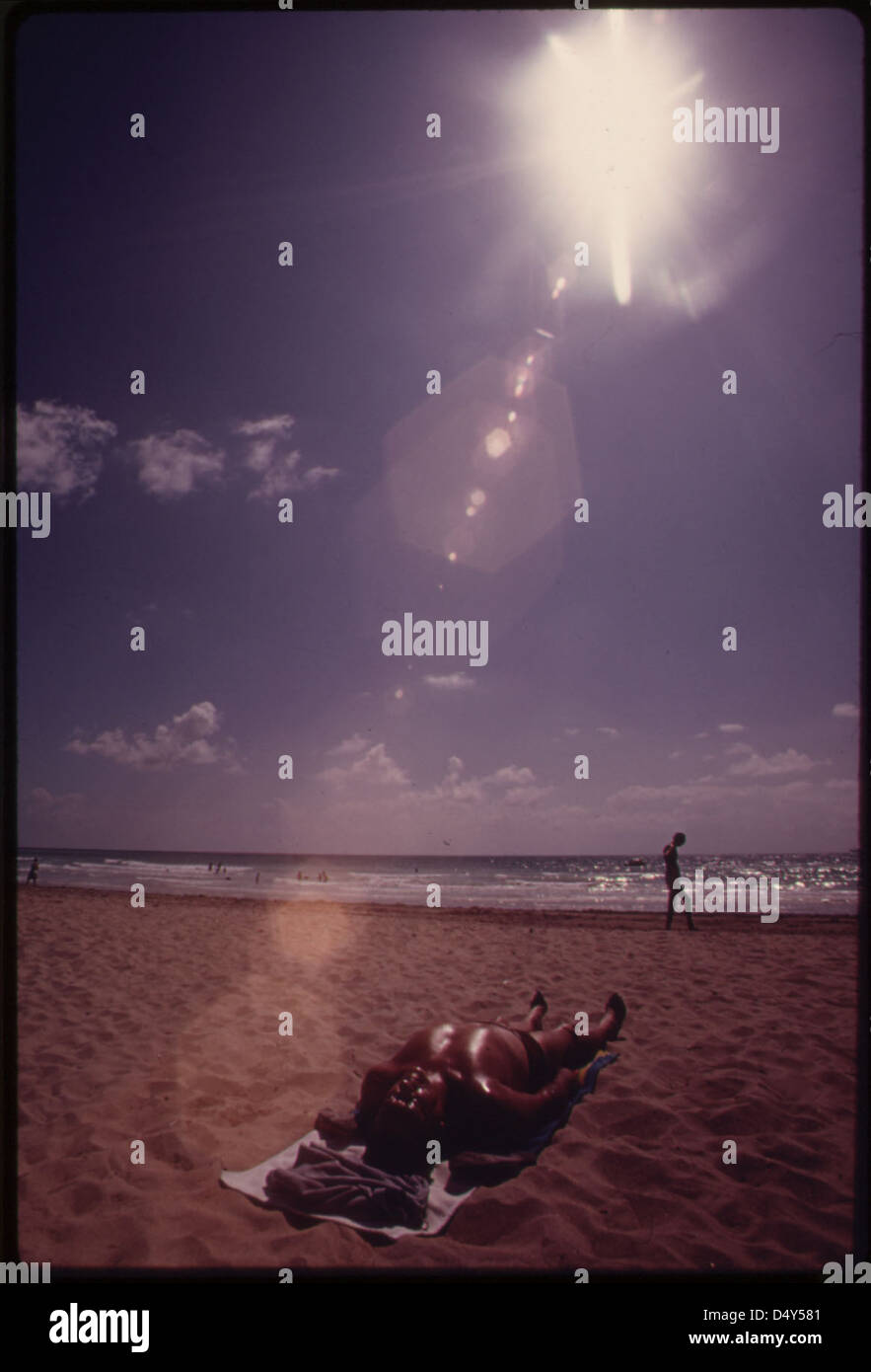 A view of Miami Beach, captured under the bright sun with lens flare ...