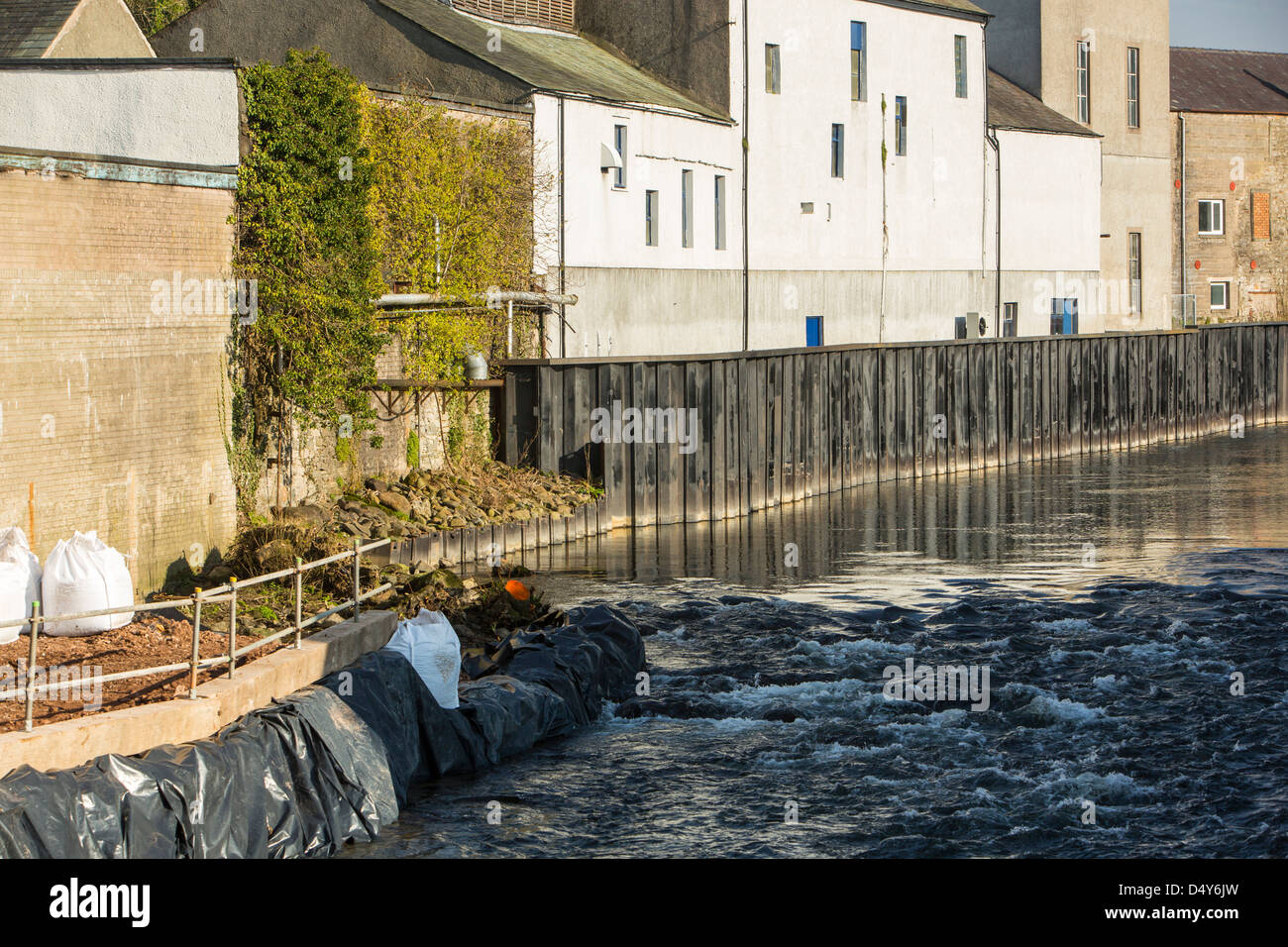 Building flood defences on the River cocker, in Cockermouth, Cumbria ...