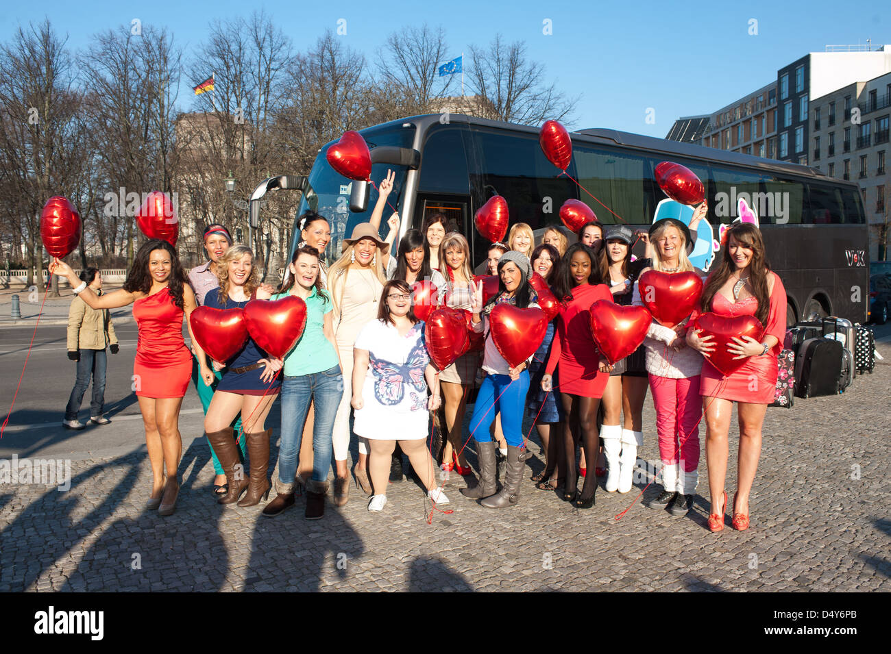 Group attending the German TV VOX show 'Ein Bus voller Braeute' at ...