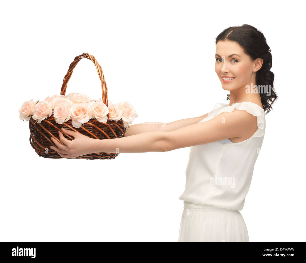 woman with basket full of flowers Stock Photo - Alamy
