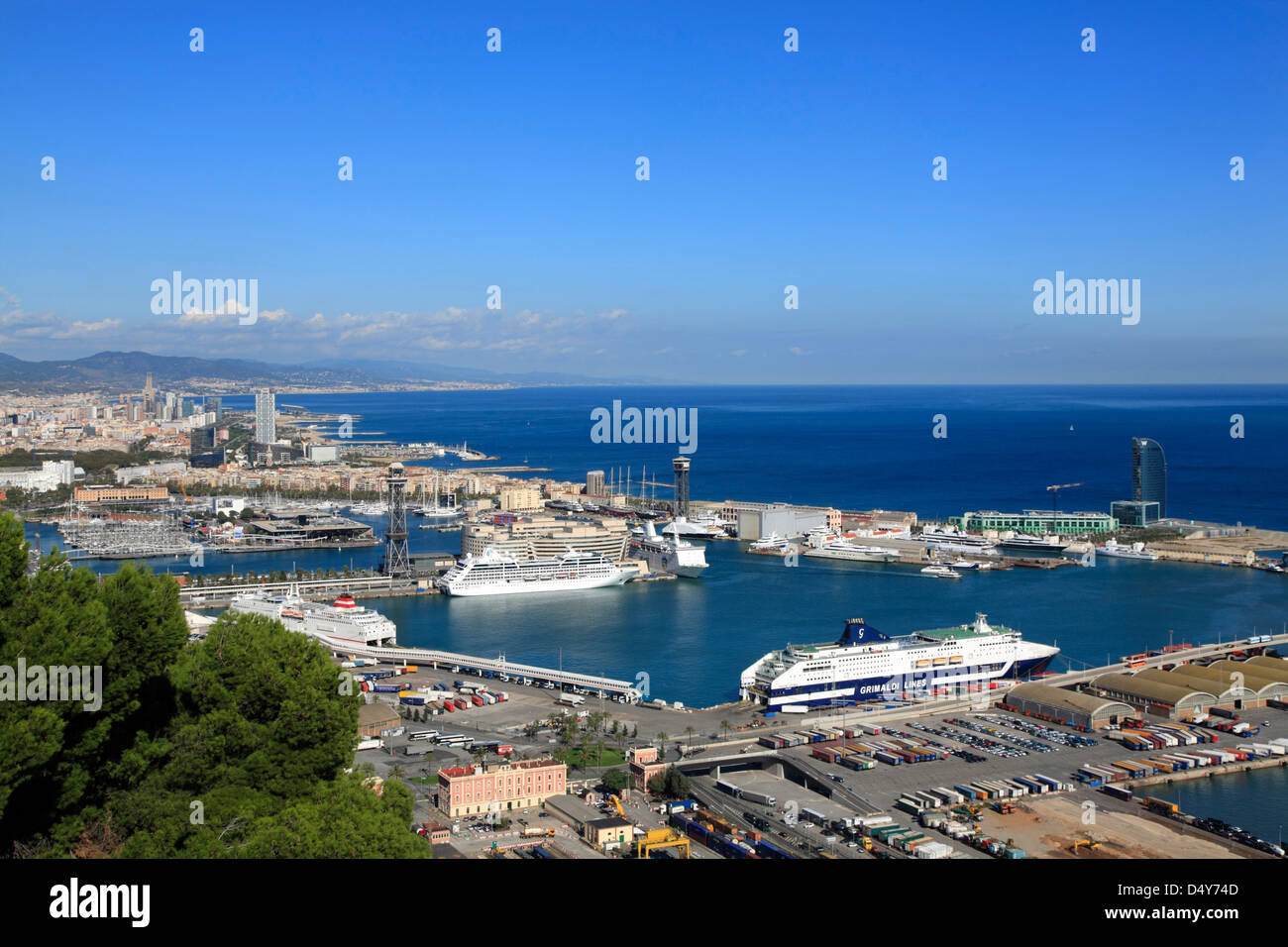 Montjuic, View from Jardins del Mirador to the ferry harbor, Barcelona ...