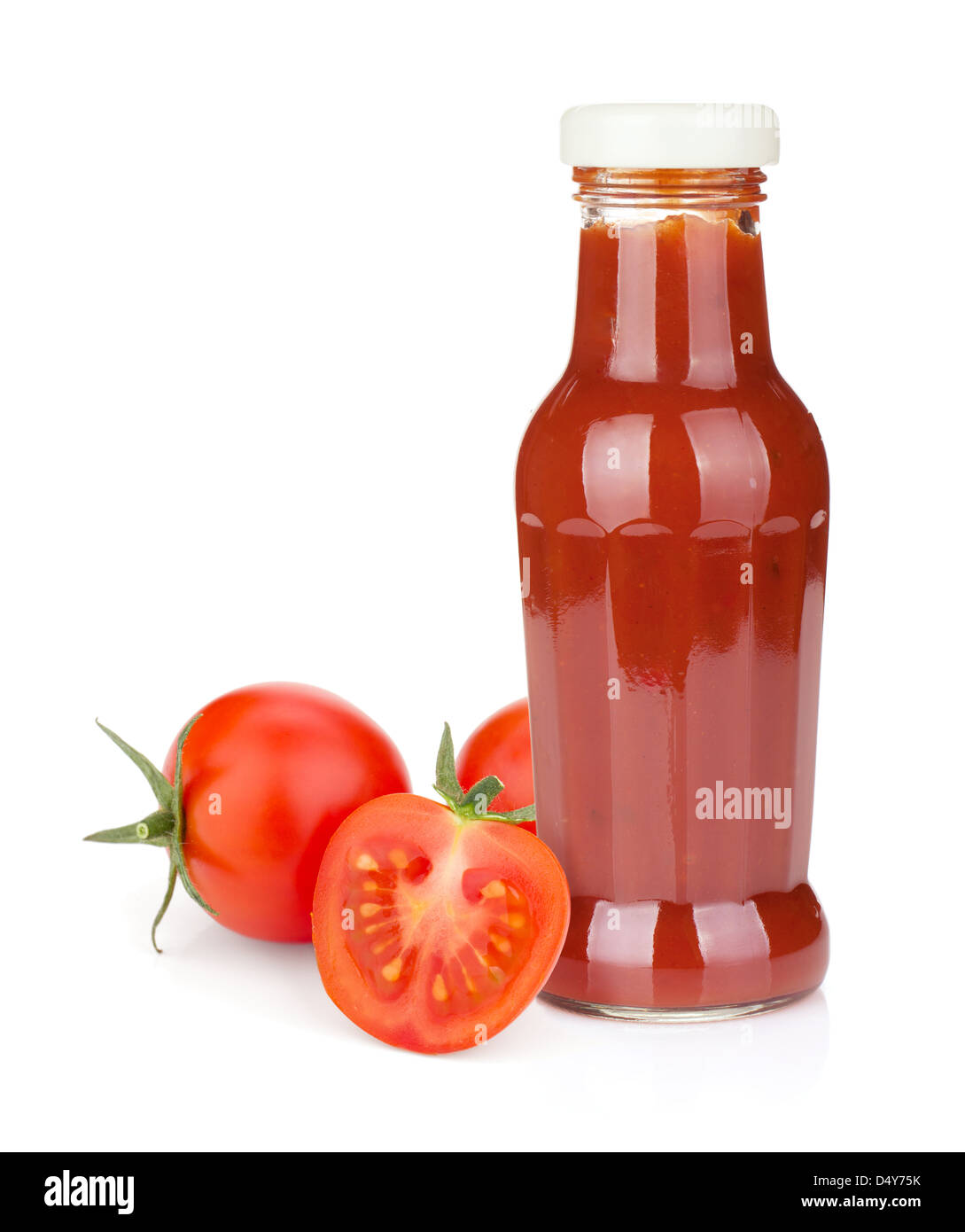 Tomato ketchup bottle and ripe tomatoes. Isolated on white background ...