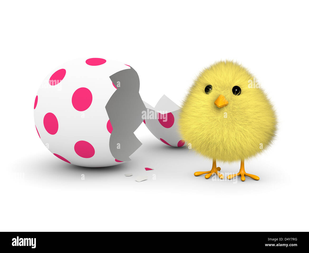 A fluffy yellow chick coming out of an easter egg shell (3D render ...
