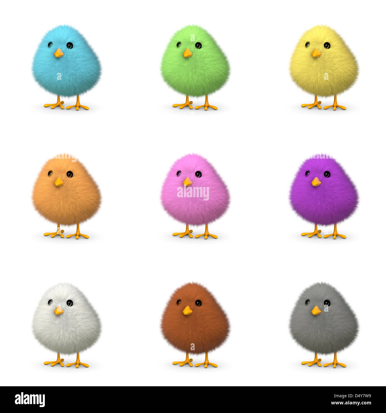 Fluffy colorful chicks isolated on white (3D render Stock Photo - Alamy