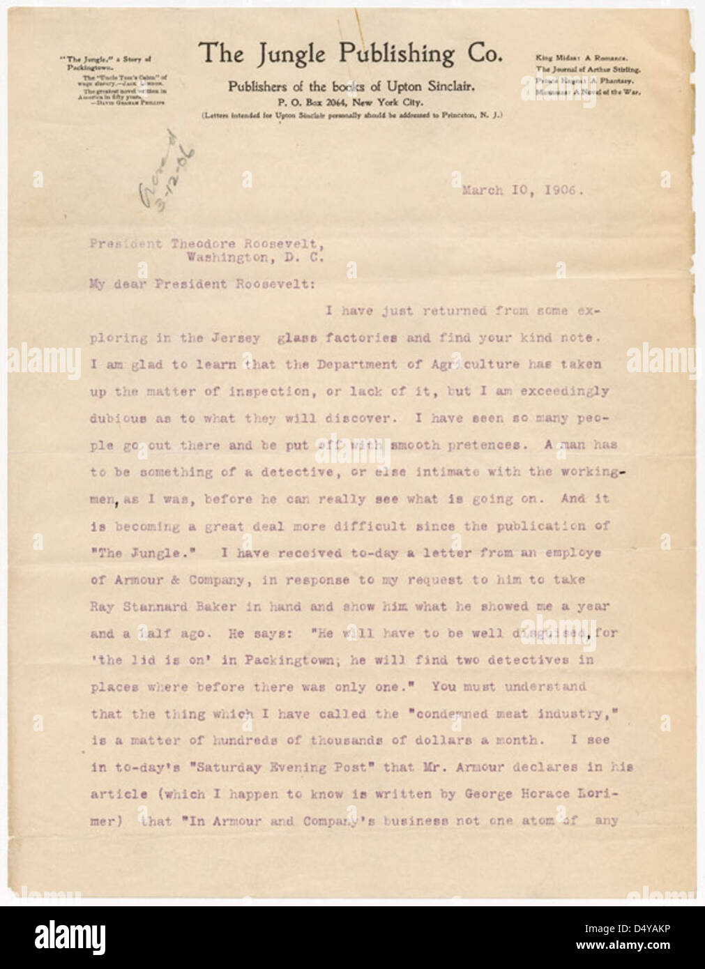 This 1906 letter from Upton Sinclair to President Theodore Roosevelt ...