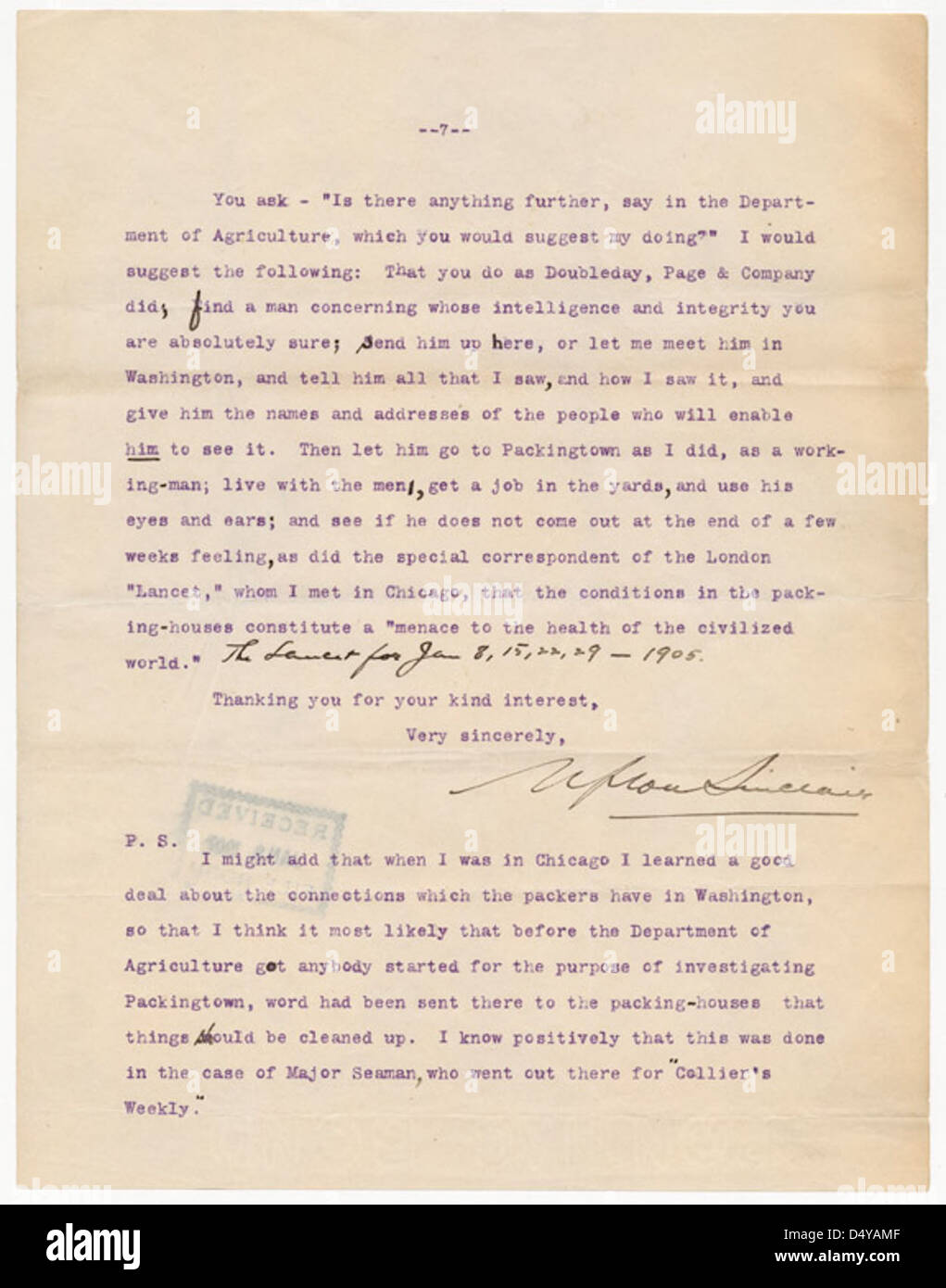A letter written by Upton Sinclair to President Theodore Roosevelt on ...