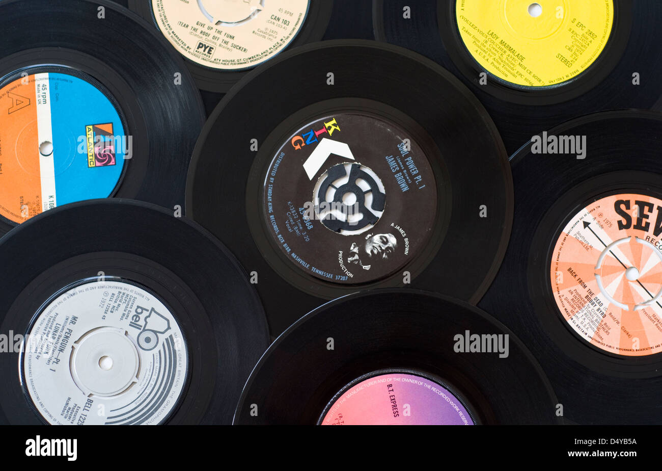 A collection of funk and soul music vinyl records (singles) from the ...