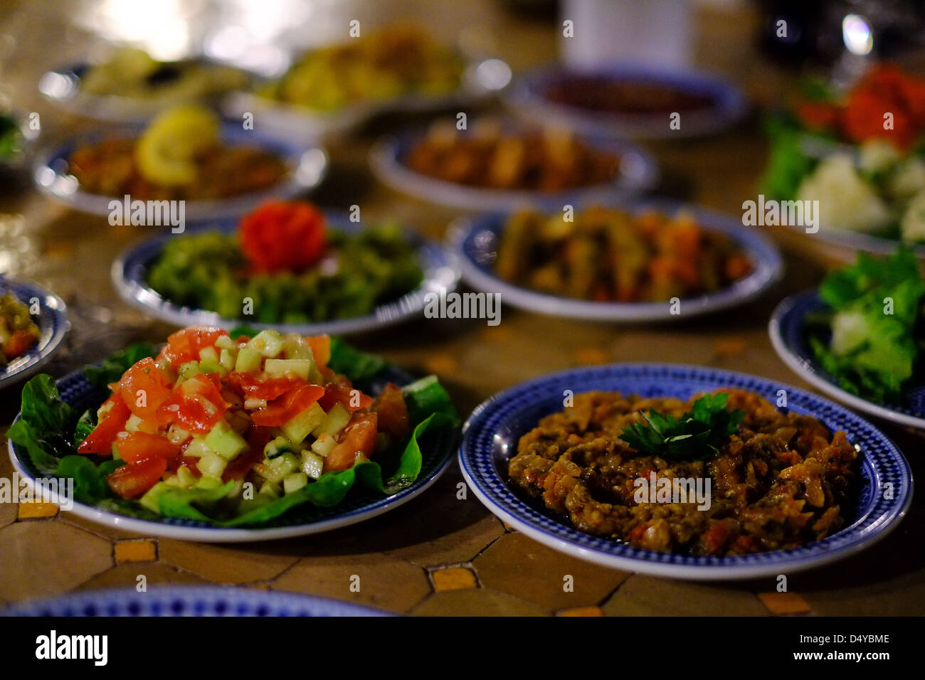 A selection of traditional Moroccan salad dishes in Fes on a table in ...