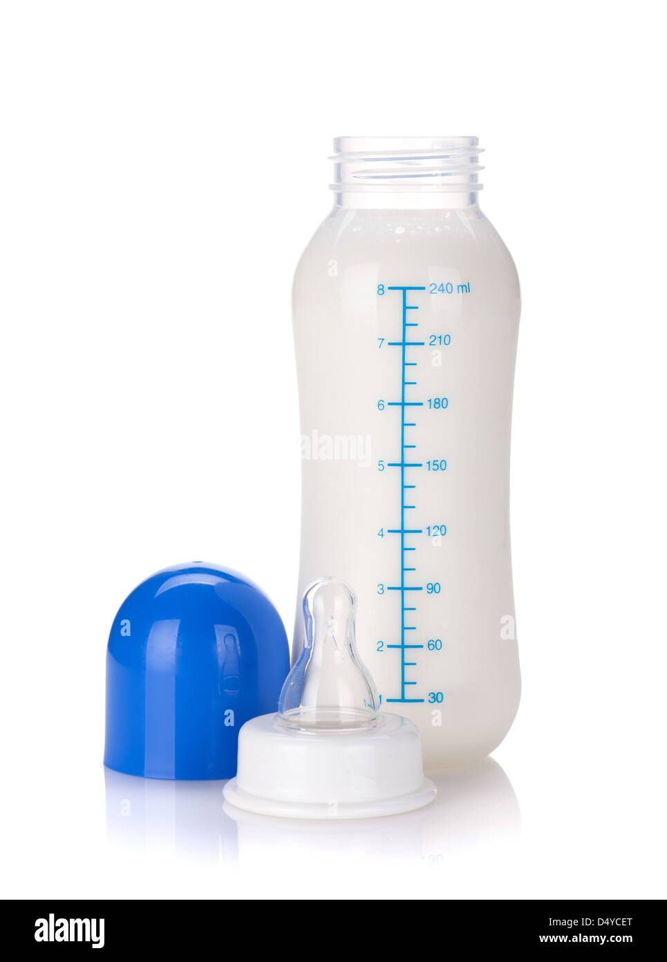 Baby bottle with milk and pacifier for boy. Isolated on white ...