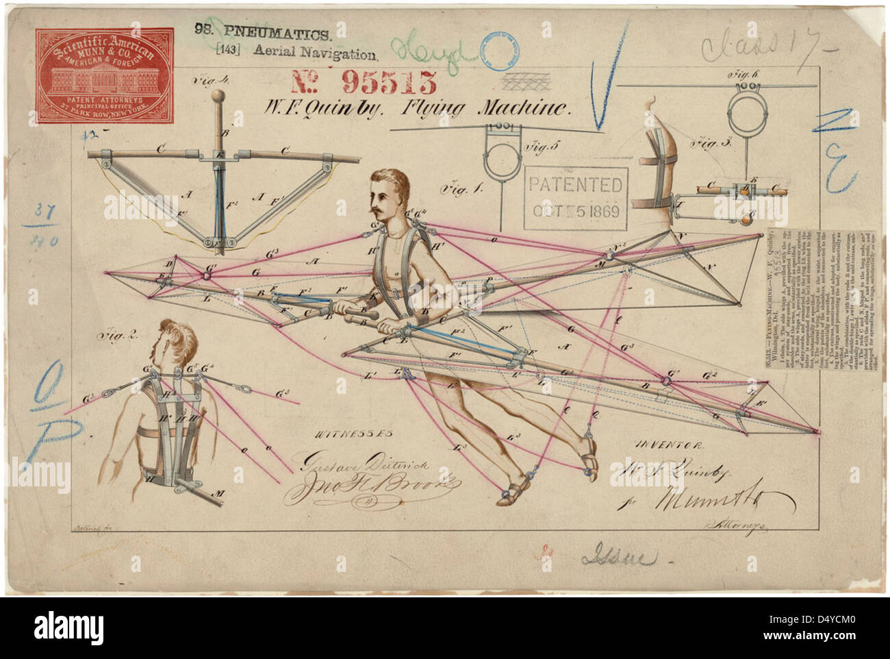 A patent drawing from October 5, 1869, depicting a flying machine ...