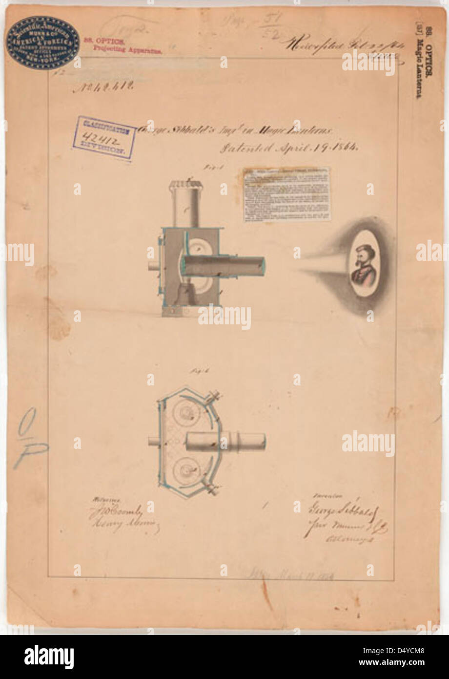 This 1864 drawing illustrates improvements in magic lanterns, a ...