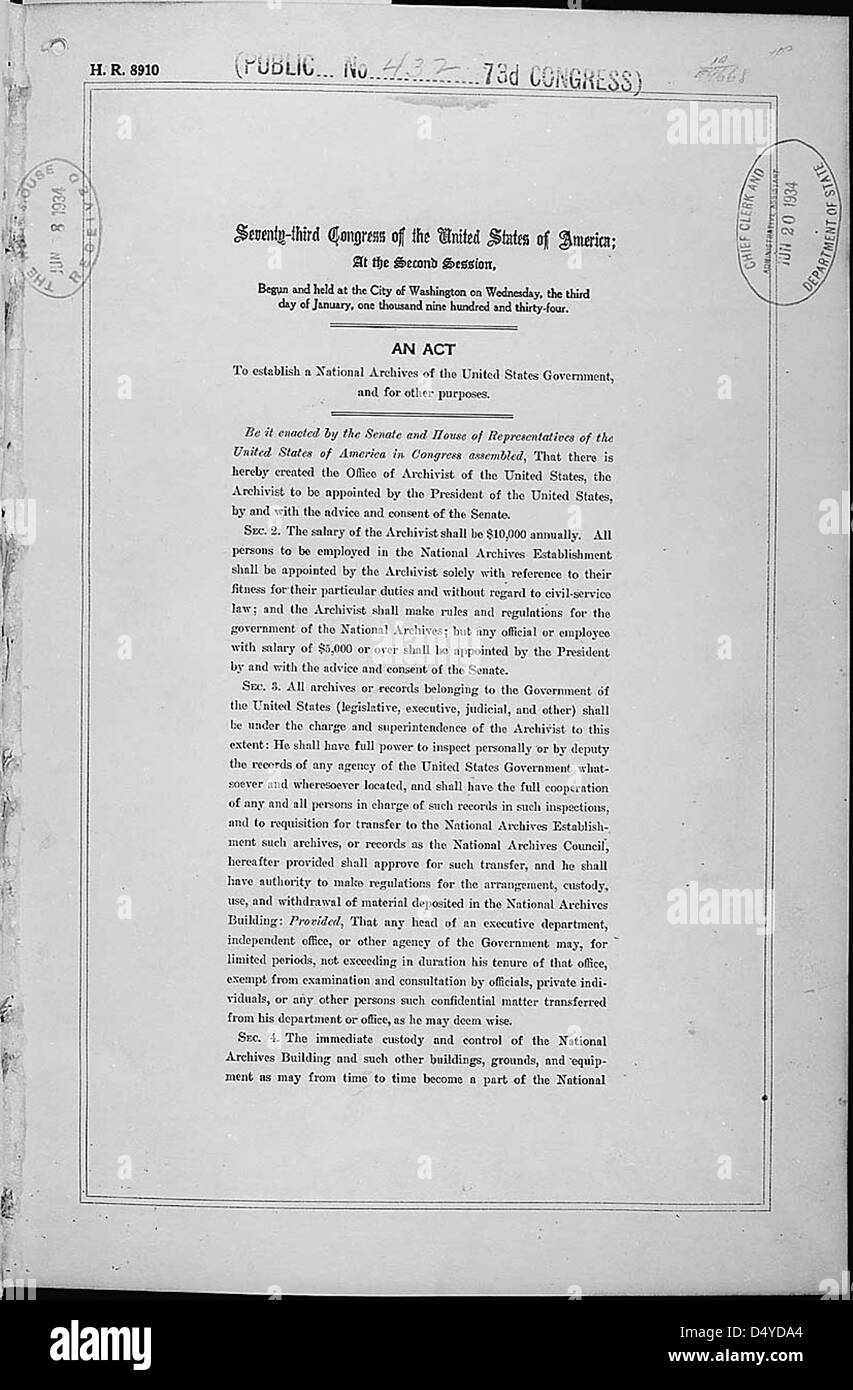 A document from June 19, 1934, showing the National Archives Act signed ...