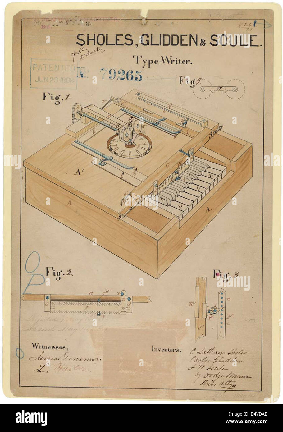 A drawing for a typewriter created on June 23, 1868, as part of a ...