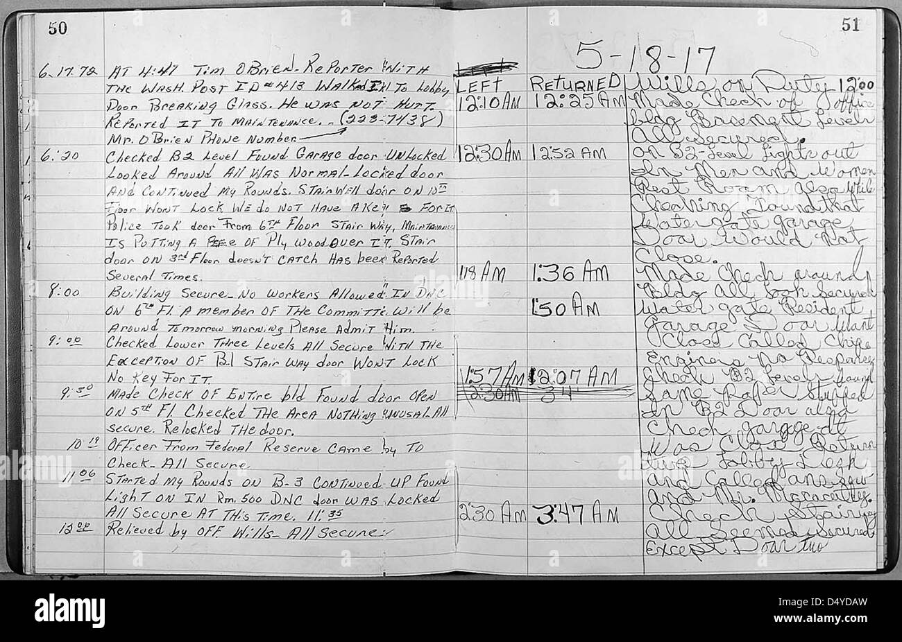 A page from the security officer's log of the Watergate Office Building ...