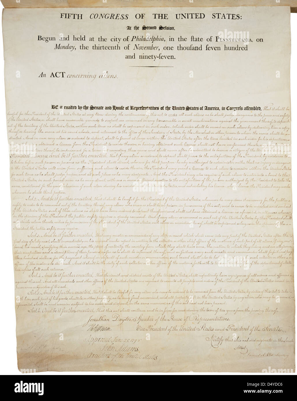 The Alien and Sedition Acts of 1798 are shown in this historical ...