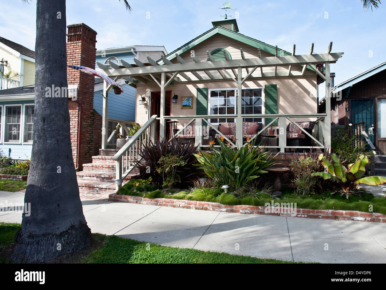 Front exterior of middle class beach house, Laguna Beach, California ...