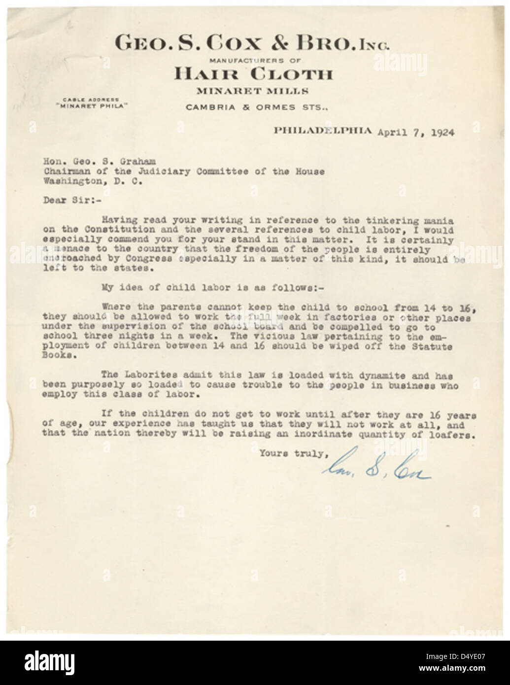 A petition from April 9, 1924, opposing the proposed child labor ...