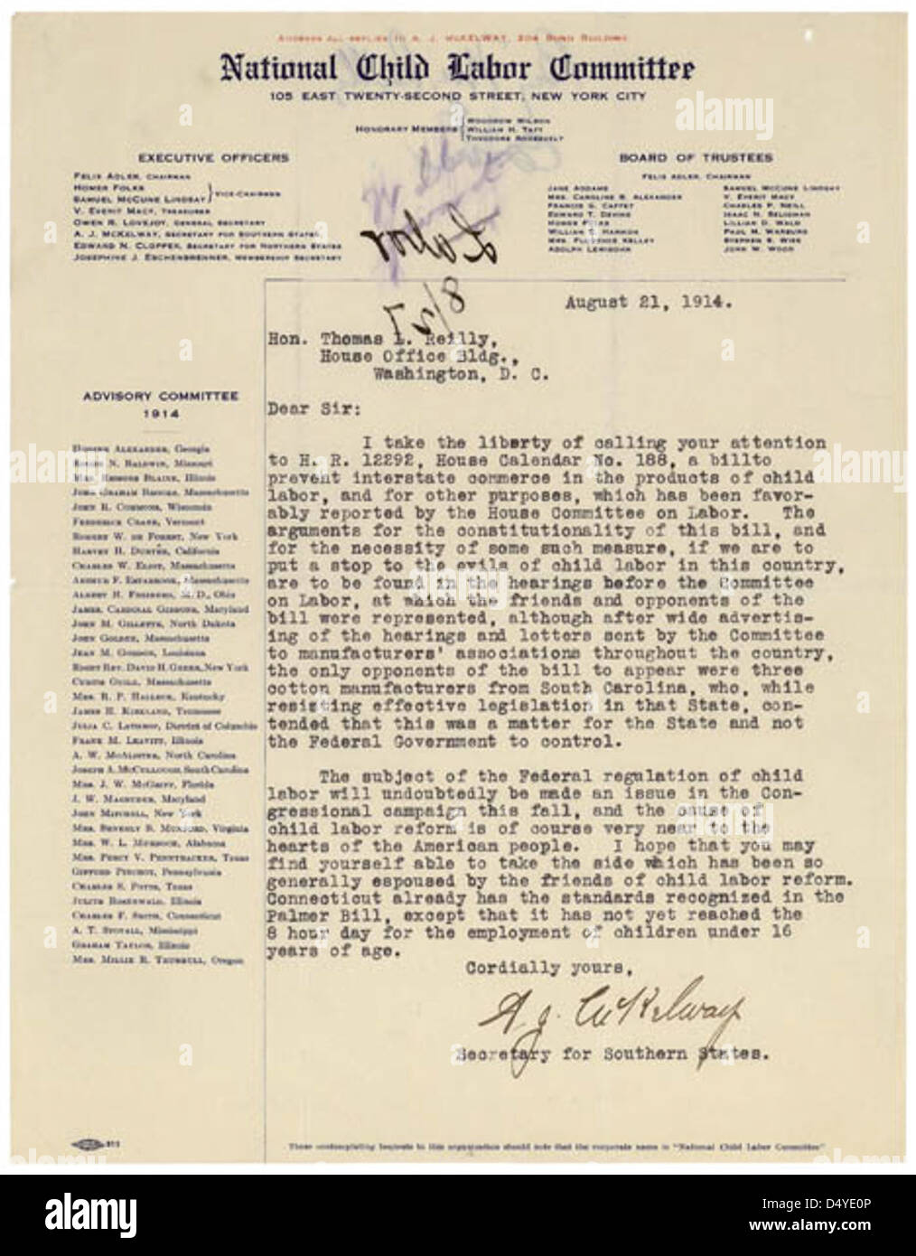 A letter from the National Child Labor Committee, dated August 21, 1914 ...