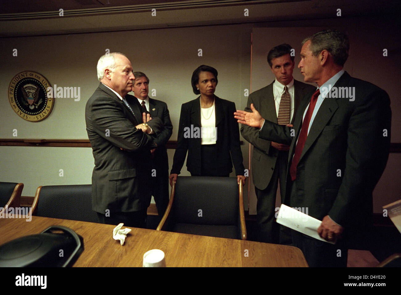 A photograph of President George W. Bush meeting with key officials in ...