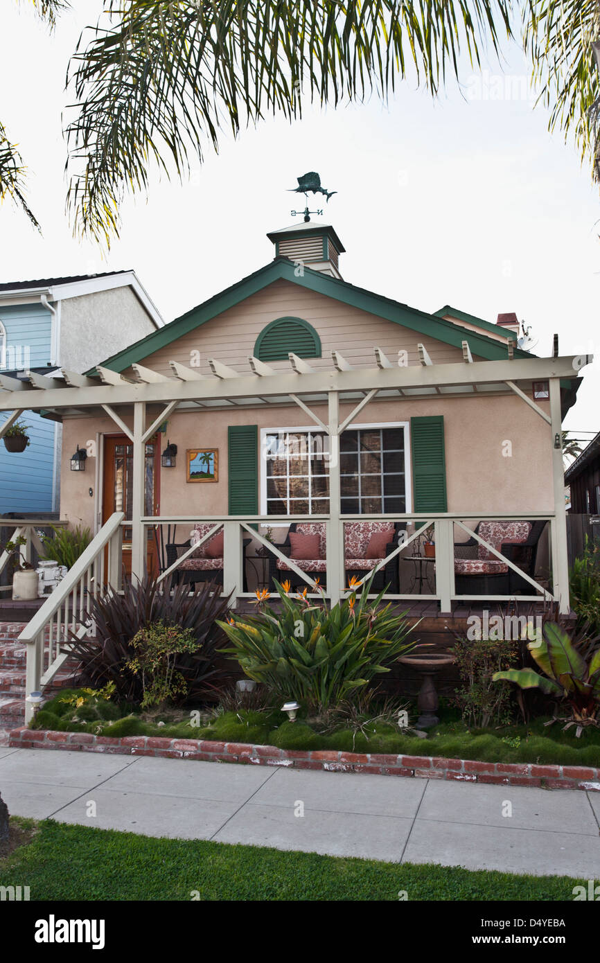 Front exterior of middle class beach house, Laguna Beach, California ...