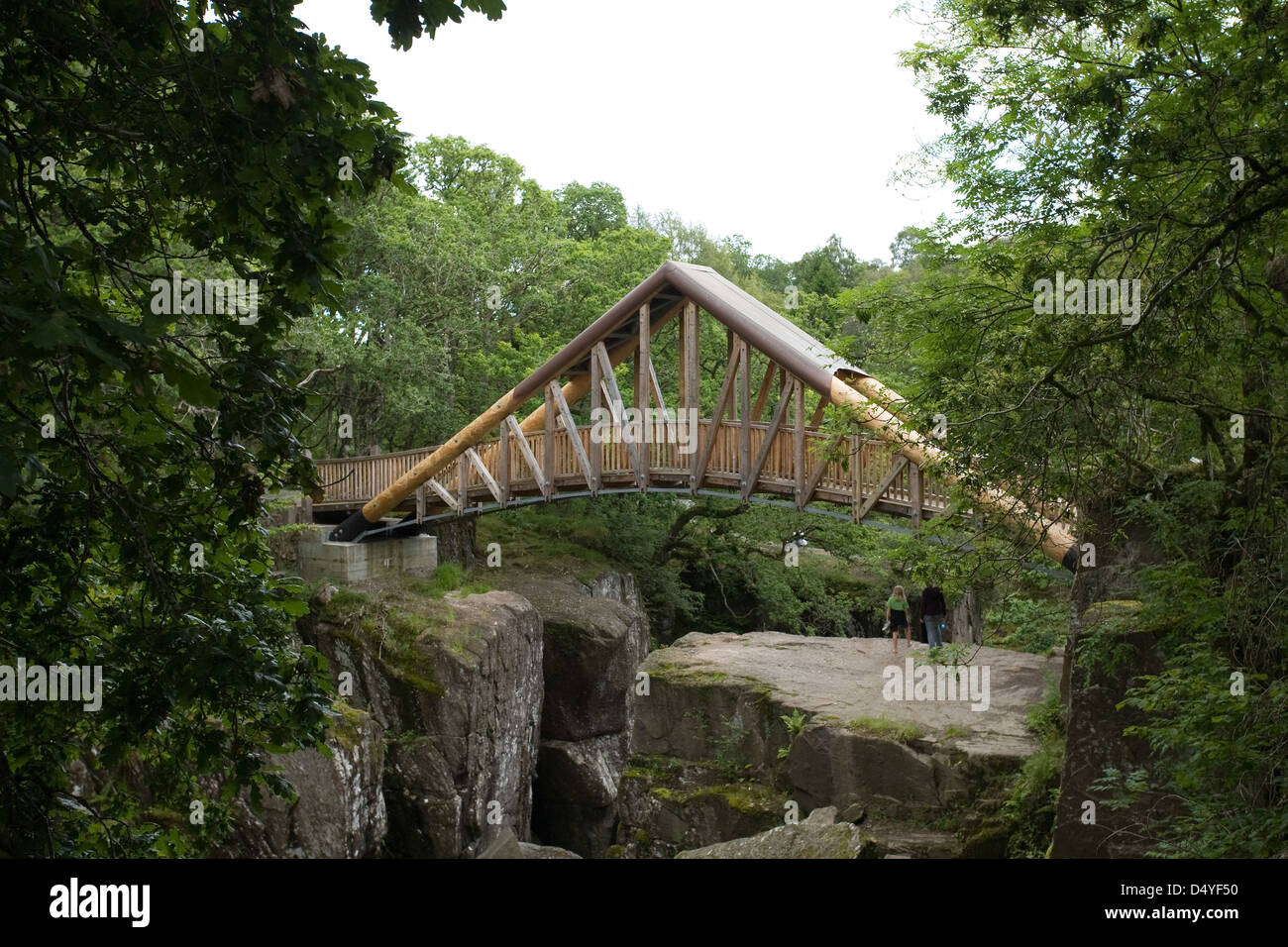 Stirling, United Kingdom, a new wooden bridge leads over the Bracklinn ...