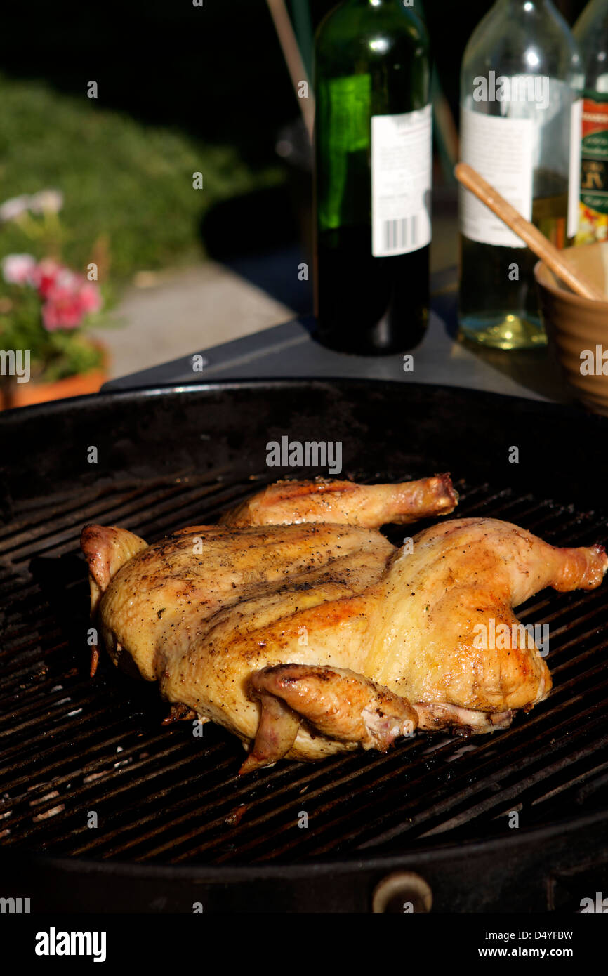 Chicken grilling outside on a barbecue Stock Photo - Alamy