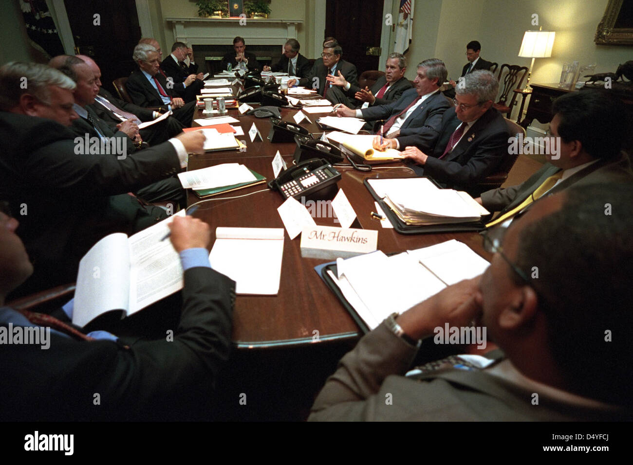 President George W. Bush meets with advisers in the Roosevelt Room of ...