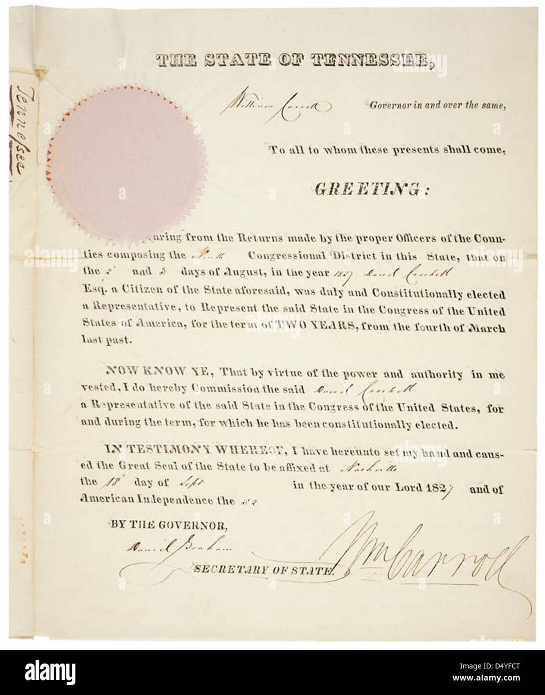 The credentials of David Crockett, dated September 18, 1827, are ...